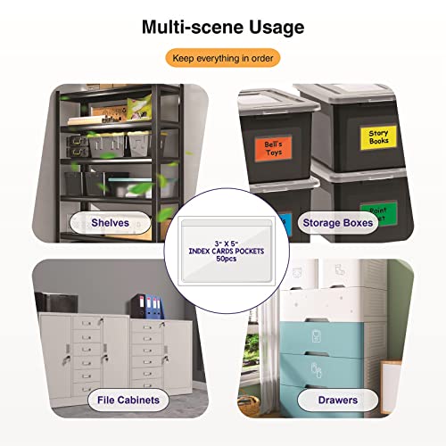 Clear Adhesive 3" x 5" Index Card Pockets with Top Open for Loading, 50 Pack, Plastic Labels Holders for Storage Bins and Library Card, Ideal Card Holder for Organizing and Protecting Your Index Cards
