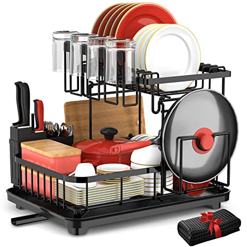 Cibert Dish Drying Rack with Drainboard Set, 2 Tier Dish Racks for Kitchen Counter, Black Dish Drainer Set, Kitchen Dish Drying Rack with Dish Drying Mat, Large Dish Drainer Rack with Utensil Holder