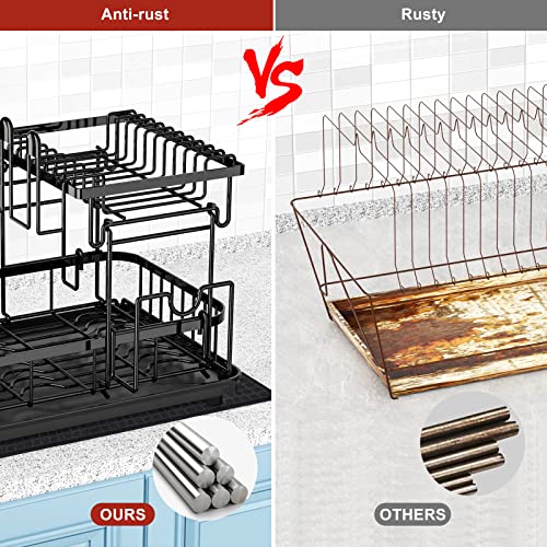 Cibert Dish Drying Rack with Drainboard Set, 2 Tier Dish Racks for Kitchen Counter, Black Dish Drainer Set, Kitchen Dish Drying Rack with Dish Drying Mat, Large Dish Drainer Rack with Utensil Holder