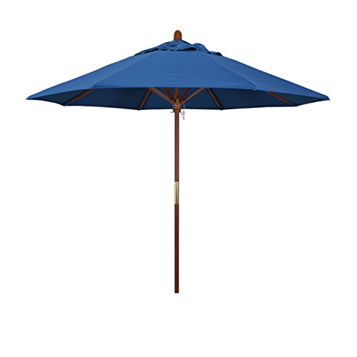California Umbrella 9' Round Hardwood Frame Market Umbrella, Stainless Steel Hardware, Push Open, Pacifica Pacific Blue