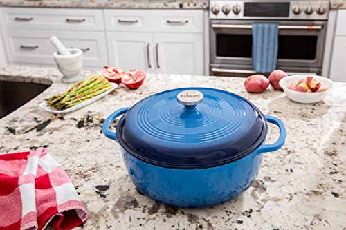 Lodge 7.5 Quart Enameled Cast Iron Dutch Oven with Lid – Dual Handles – Oven Safe up to 500° F or on Stovetop - Use to Marinate, Cook, Bake, Refrigerate and Serve – Caribbean Blue