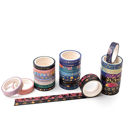 YUBX Skinny Galaxy Washi Tape Set 30 Rolls Gold Foil Decorative Starry Space Masking Tapes for Arts, DIY Crafts, Journals, Planners, Scrapbook, Wrapping