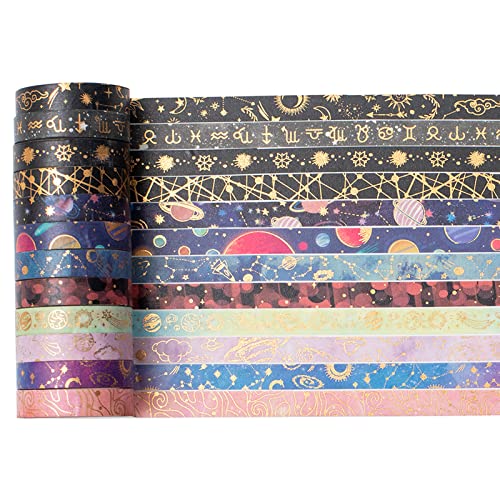YUBX Skinny Galaxy Washi Tape Set 30 Rolls Gold Foil Decorative Starry Space Masking Tapes for Arts, DIY Crafts, Journals, Planners, Scrapbook, Wrapping