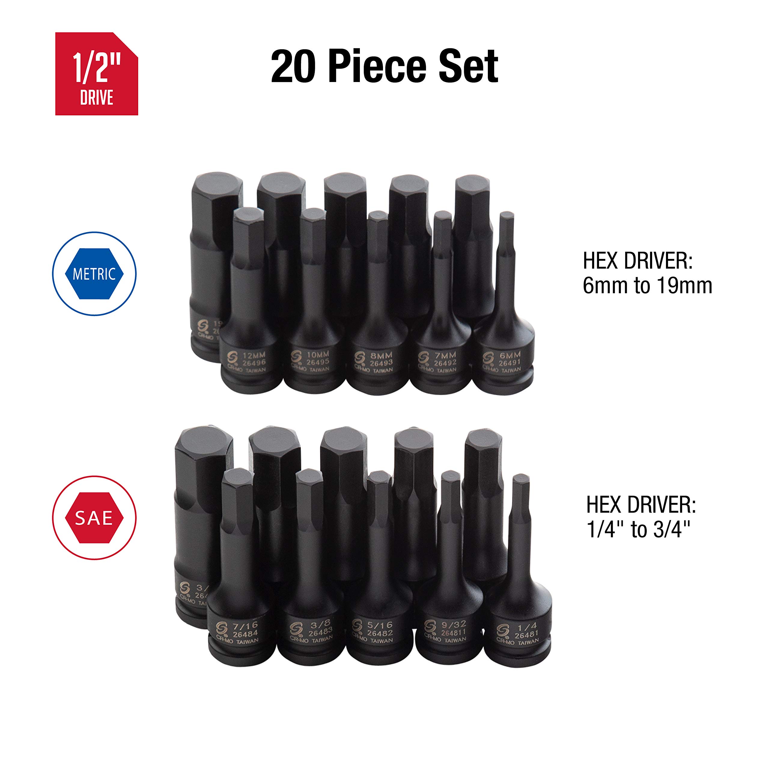 SUNEX TOOLS 2637, 1/2" Drive Master Impact Hex Driver Set, 20Piece, SAE/Metric, 1/4" - 3/4", 6mm - 19mm, Cr-Mo Steel, Dual Size Markings, Heavy Duty Storage Case, Meets ANSI Standards