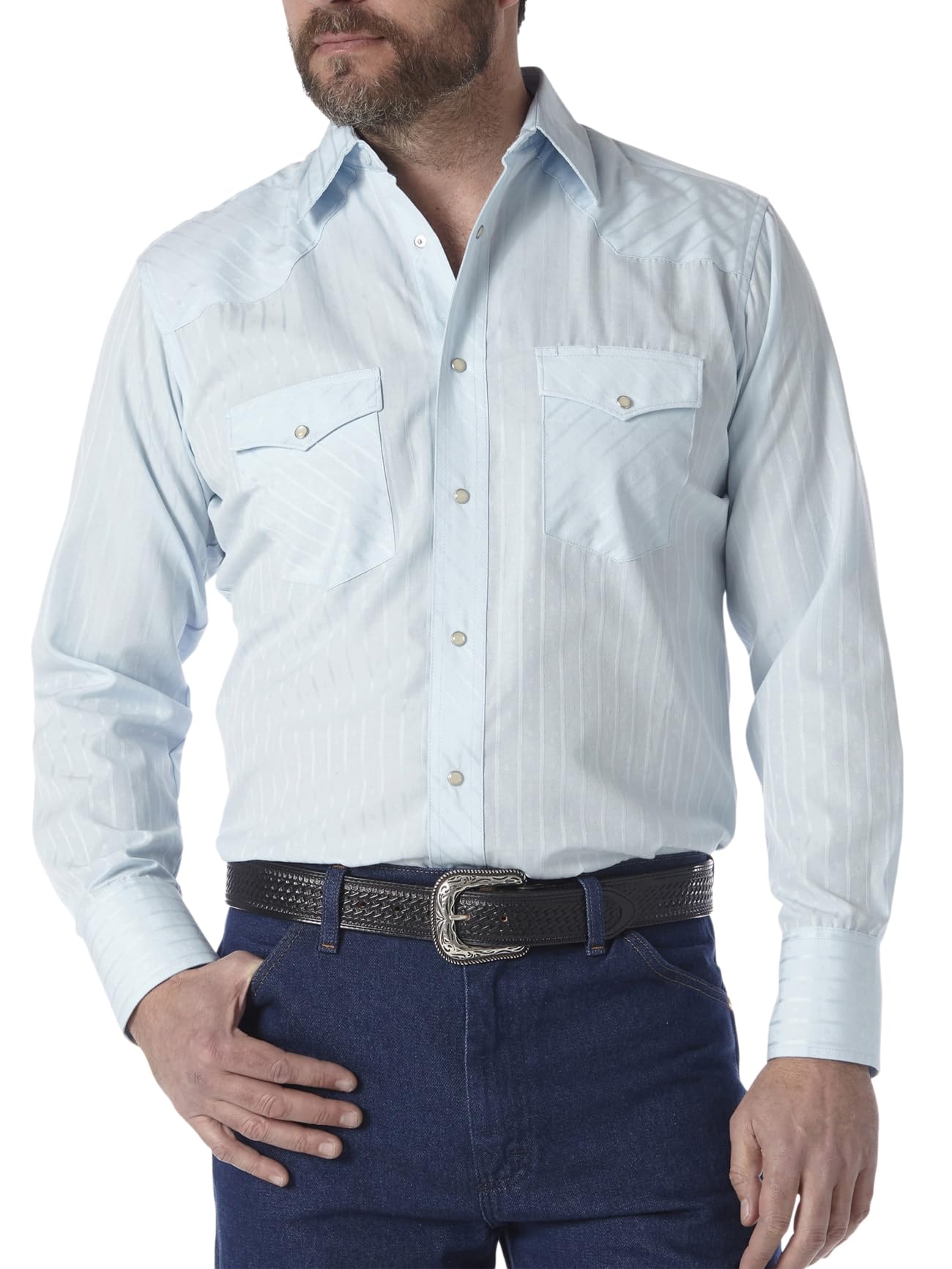 Wrangler mens Sport Western Two Pocket Long Sleeve Snap button down shirts, Blue, Medium US