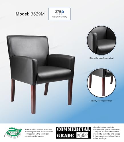 Boss Office Products Reception Box Arm Chair with Mahogany Finish in Black, 25"D x 24.5"W x 35"H