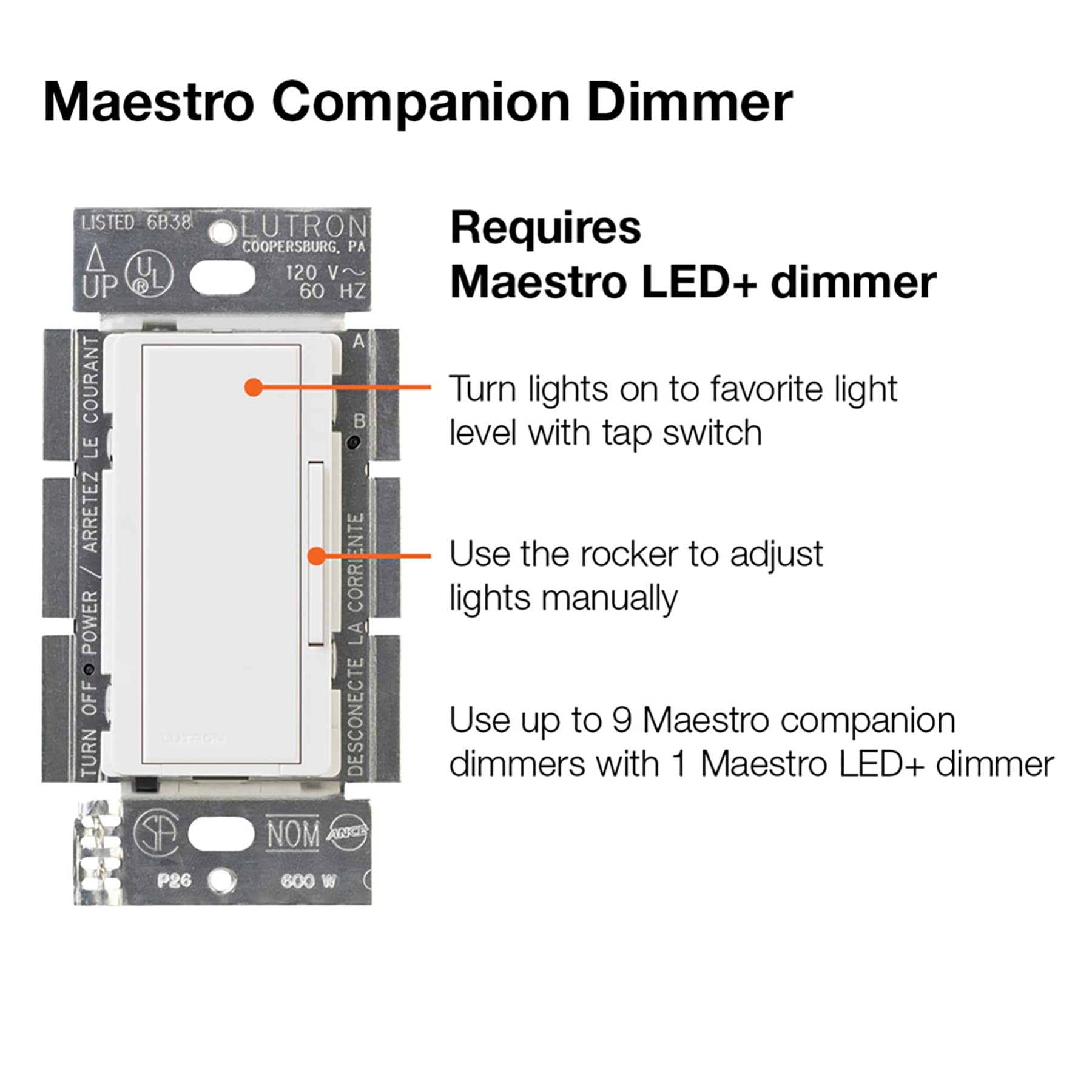 Lutron Maestro Companion Multi-Location Dimmer | Not for Standalone Use | MA-R-LA, Light Almond