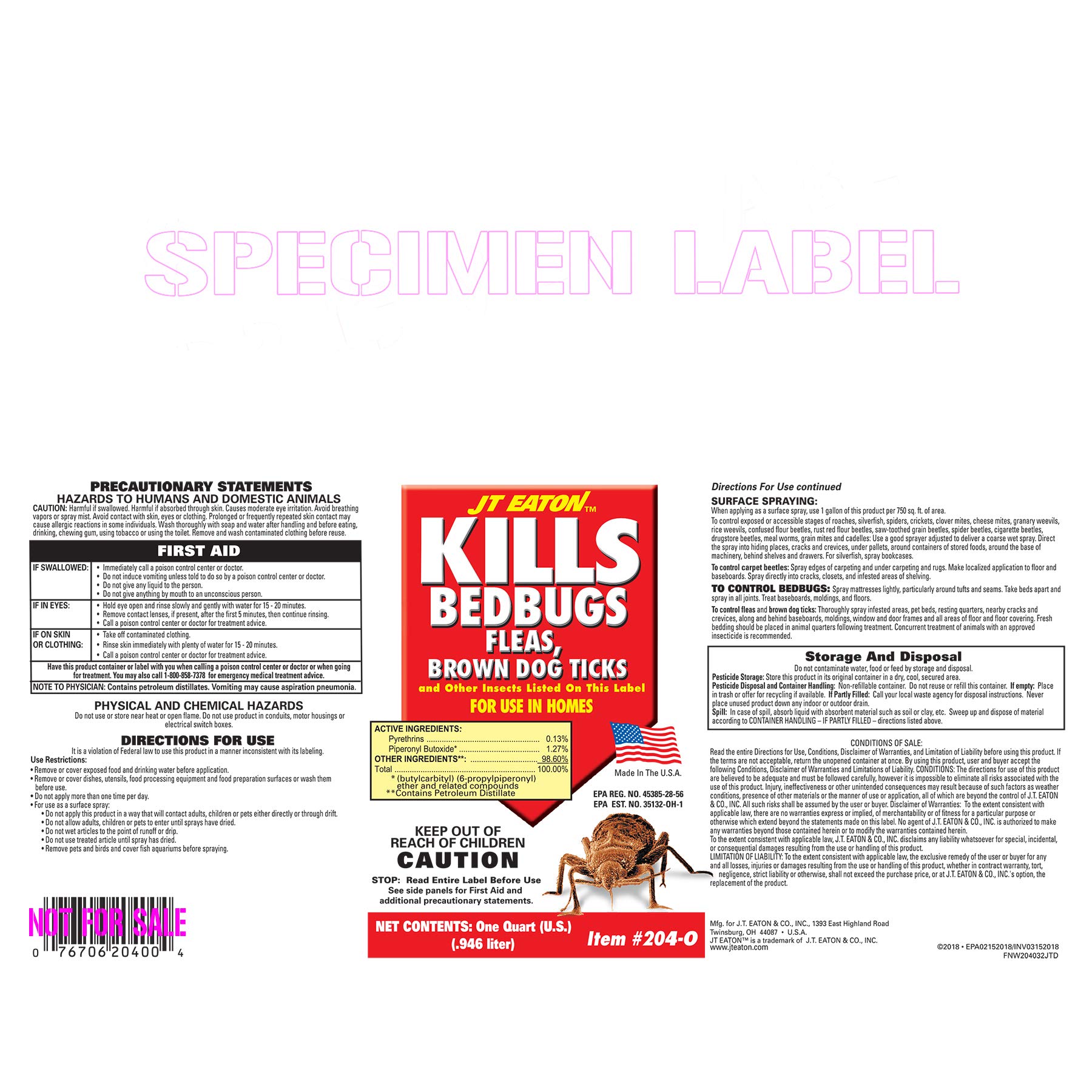 JT Eaton 204-O Bed Bug Killer Ultra, Oil-Based Insect Spray, Non-Staining Formula for Indoor Use, 1 Quart