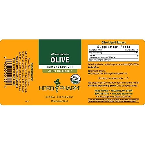 Herb Pharm Certified Organic Olive Leaf Liquid Extract for Immune System Support, 4 Fl Oz