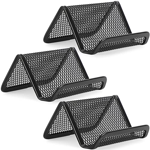 MaxGear Business Card Holder for Desk Metal Business Card Display Holders Mesh Business Cards Holder Stand 3 Pack Desktop Name Card Organizer, Capacity: 50 Cards, Black