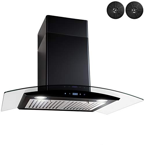 AKDY 217 CFM Convertible Wall Mount Range Hood with Tempered Glass and Carbon Filters in Black Painted Stainless Steel (30 in)