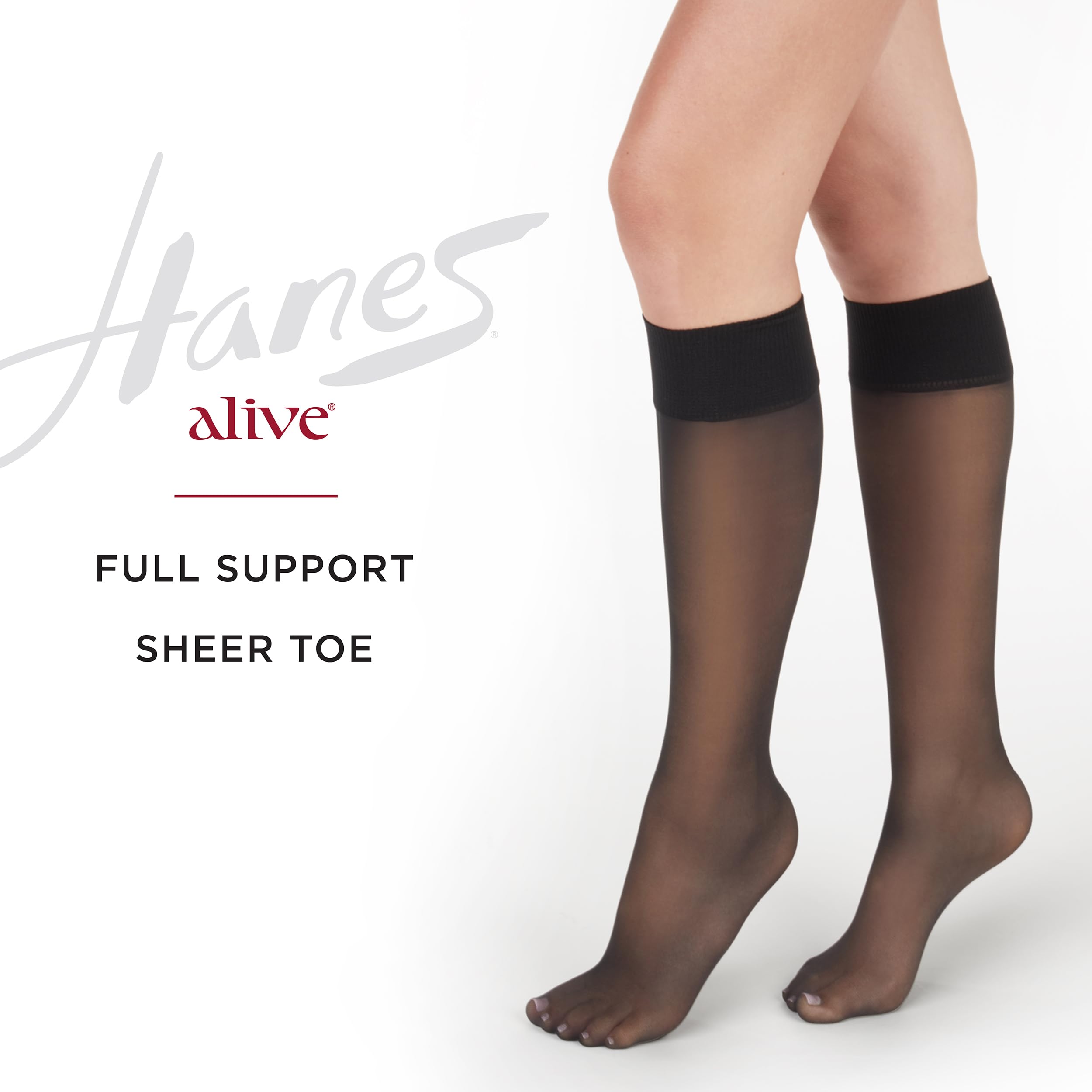 Hanes Alive Full Support Sheer Toe Knee-High Stockings, Barely There, One Size (Pack of 2)