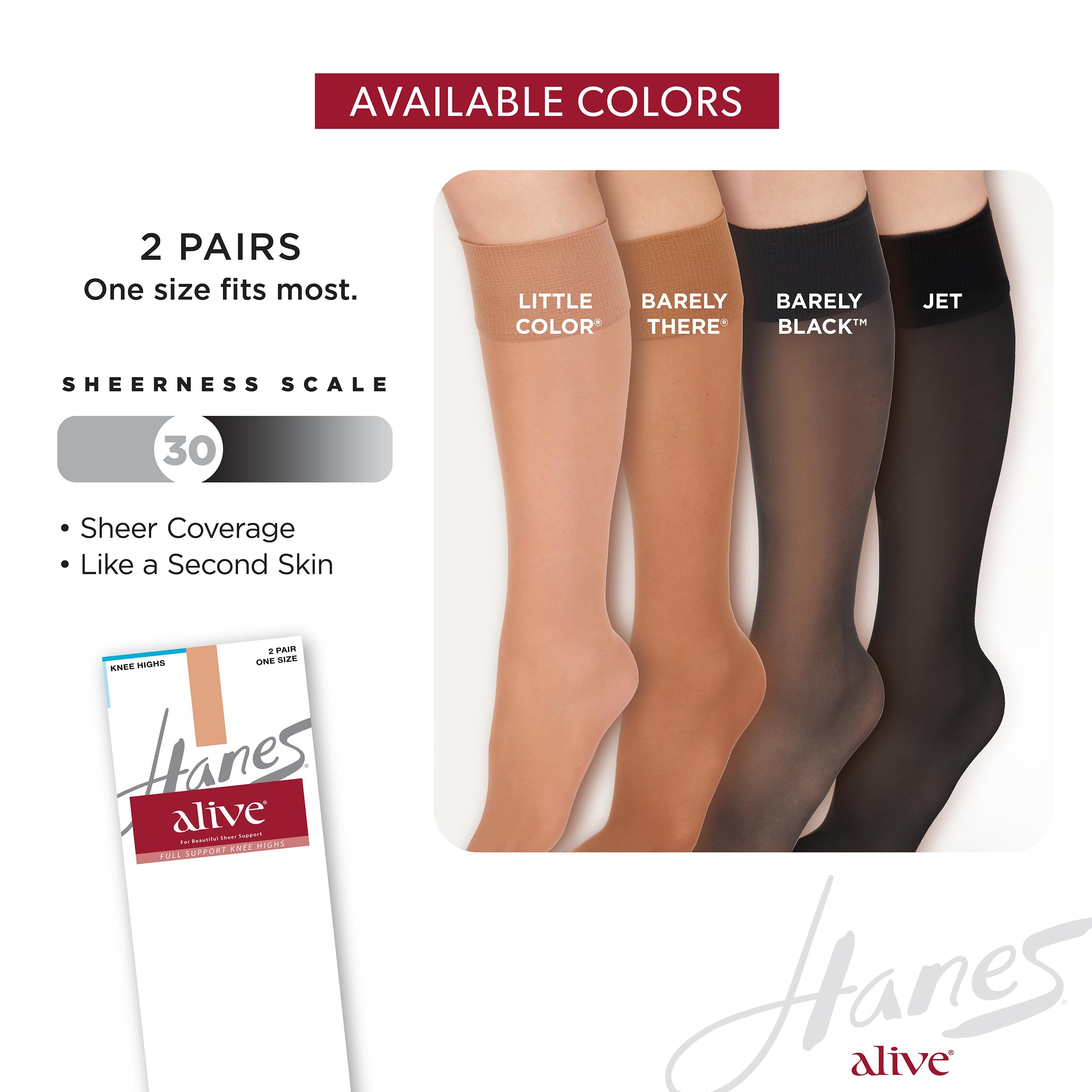 Hanes Alive Full Support Sheer Toe Knee-High Stockings, Little Color, One Size (Pack of 2)
