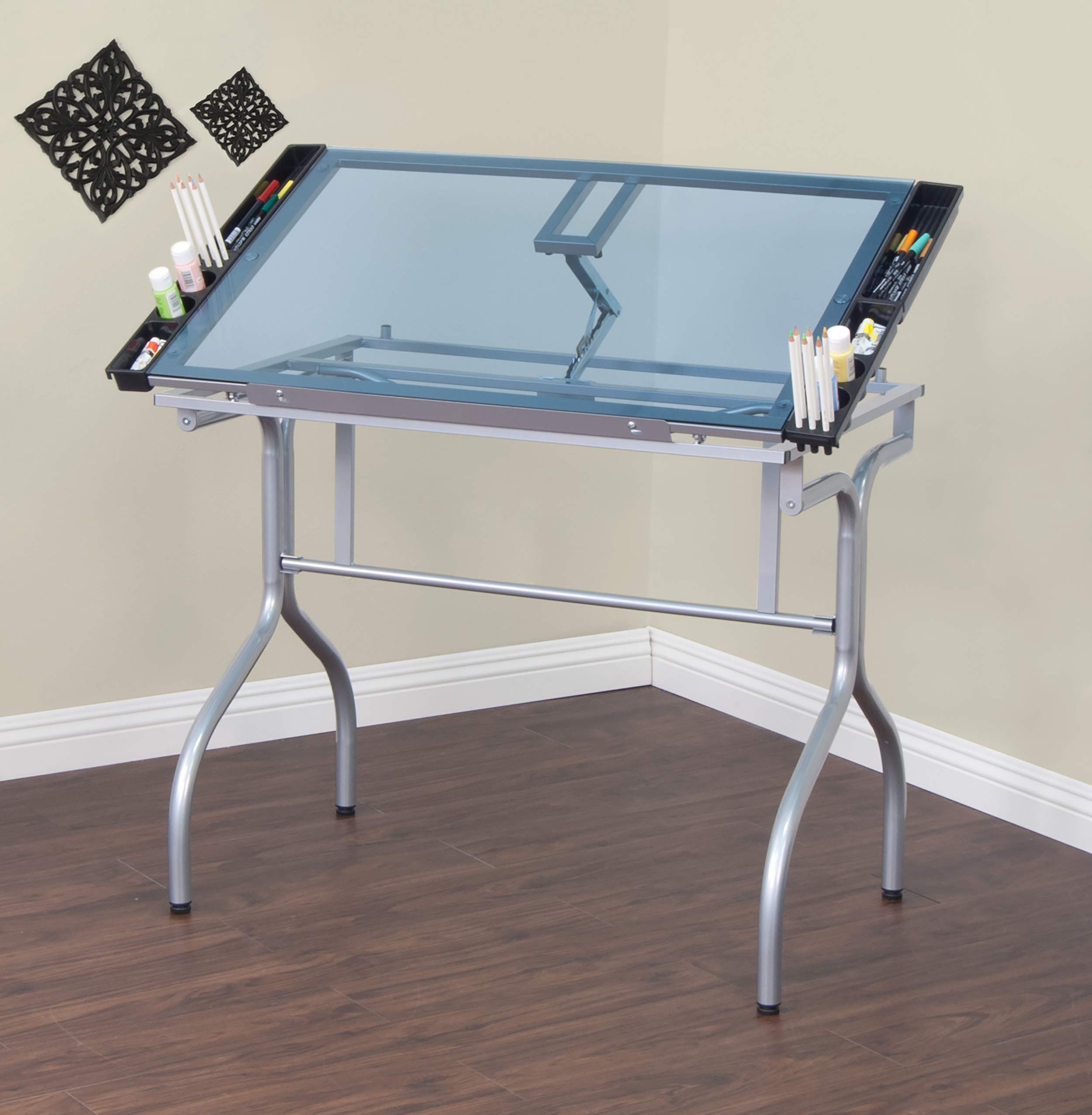 Studio Designs Folding Modern Glass Top Adjustable Drafting Table Craft Table Drawing Desk Hobby Table Writing Desk Studio Desk, 35.25" W x 23.75" D, Silver / Blue Glass