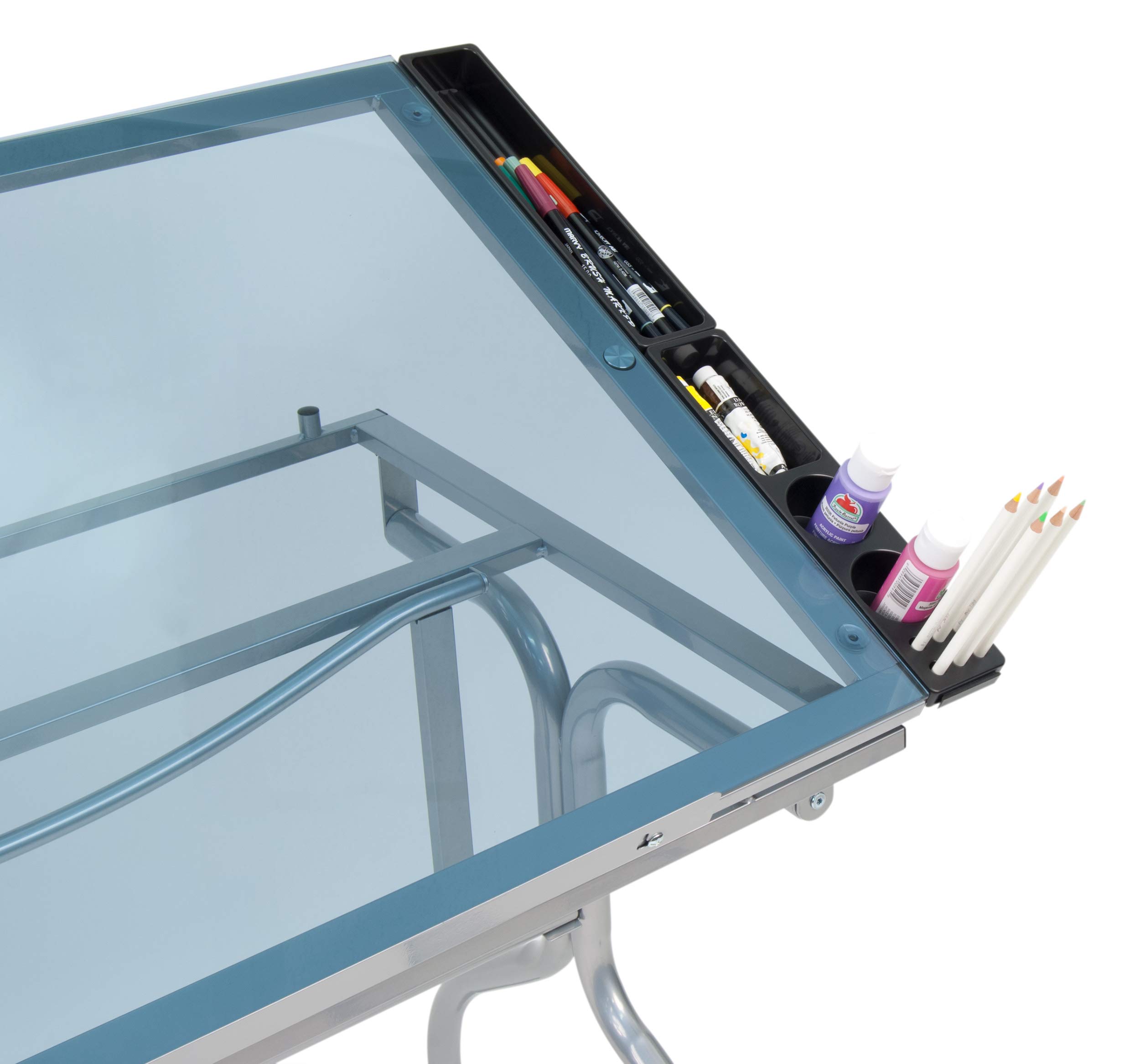 Studio Designs Folding Modern Glass Top Adjustable Drafting Table Craft Table Drawing Desk Hobby Table Writing Desk Studio Desk, 35.25" W x 23.75" D, Silver / Blue Glass