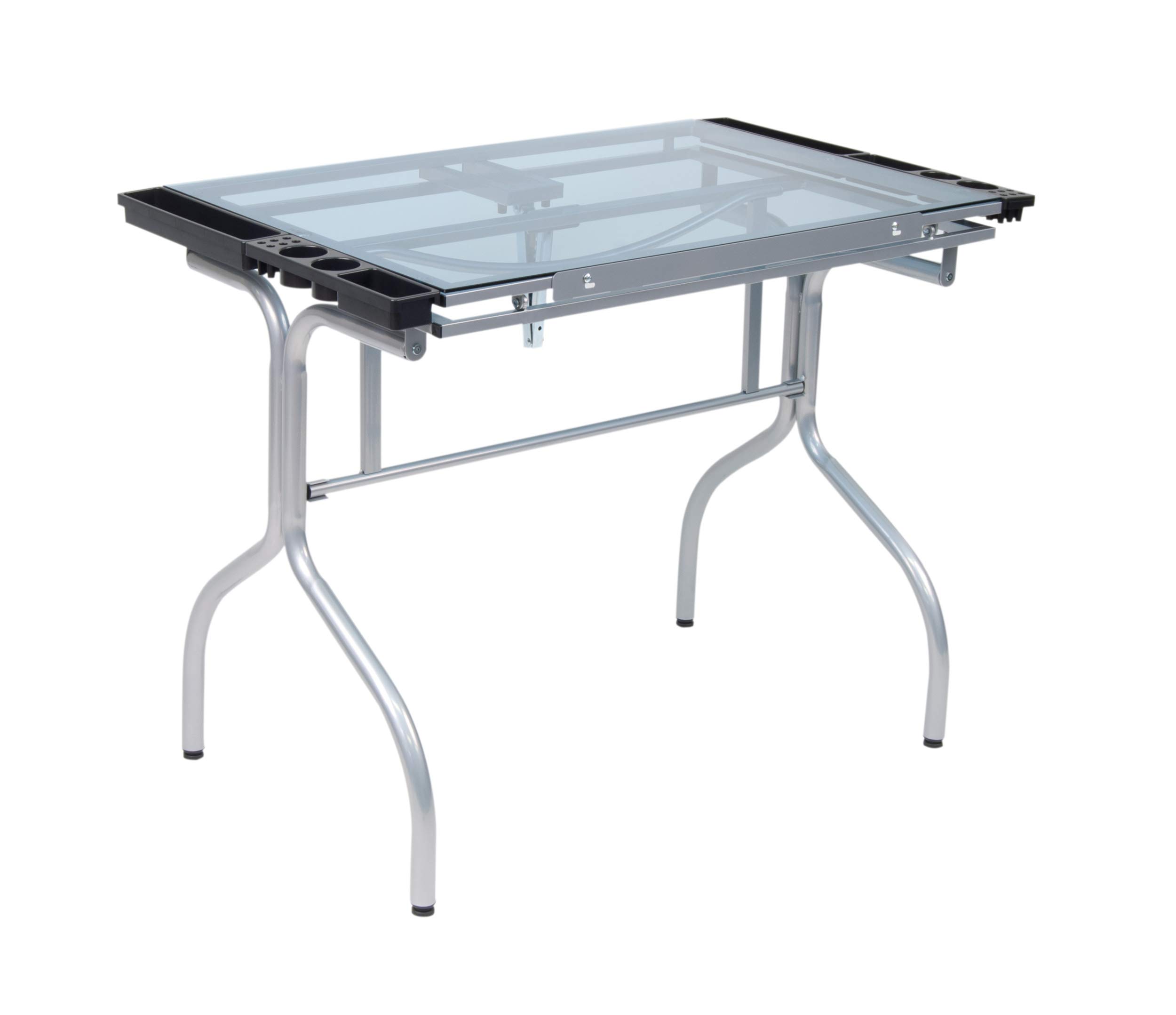 Studio Designs Folding Modern Glass Top Adjustable Drafting Table Craft Table Drawing Desk Hobby Table Writing Desk Studio Desk, 35.25" W x 23.75" D, Silver / Blue Glass