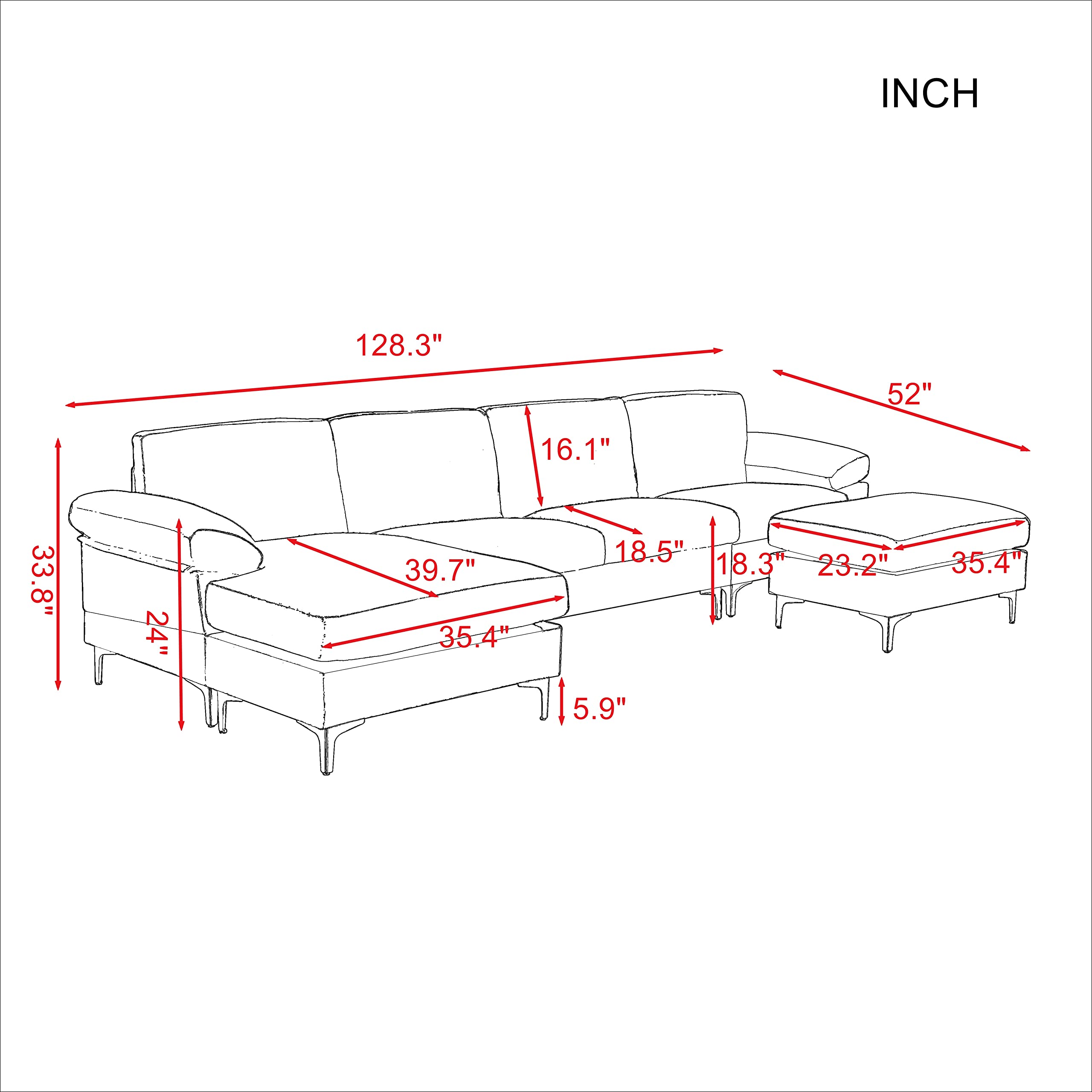 Verfur 5 Seats Convertible Sectional Sofa with Extra Wide Reversible Chaise and Movable Ottoman, U Shaped Symmetrical Modular Corner Couch Living Room Furniture Sets for Home Office, Dark Grey 128.3"