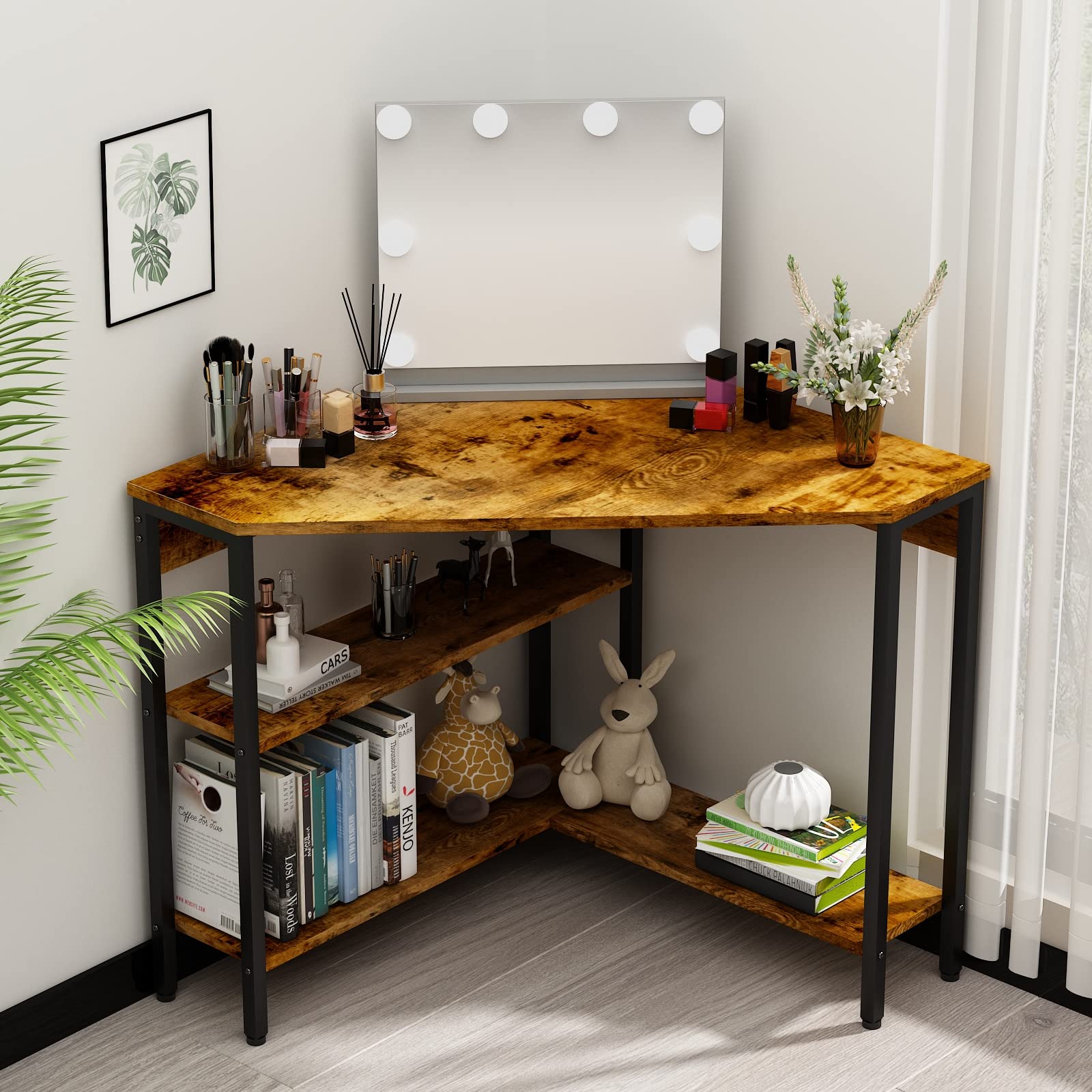 Corner Desk with Outlets & USB Ports, 90 Degree Triangle Corner Table with CPU Stand & Storage Shelves for Small Space, Computer Table with Charging Station for Home Office Bedroom (Rustic)