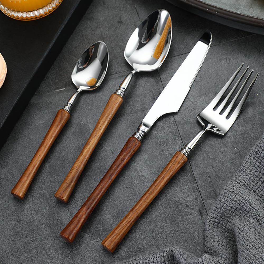 Aimilan 48 Piece Silverware Set for 12, 18/10 Stainless Steel Rosewood Wooden Handle Flatware Cutlery Set for Home Kitchen Restaurant, Mirror Finish, Dishwasher Safe (48-Piece for 12)