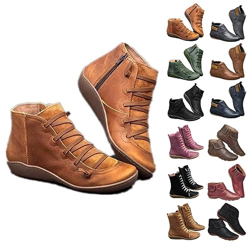 JMMSlmax Women Cute Round Toe Pull-on Comfortable Cowboy Cowgirl Ankle Boots Booties Casual Lace-up Side Zipper Flat Boots