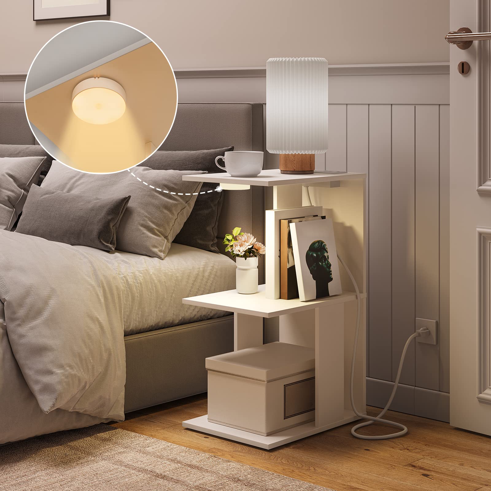 MAHANCRIS End Table with Charging Station and Side Tables with Charging Station bundle,Narrow Side Table for Small Spaces,2-Tier Nightstand with Tempered Glass Top,for Bedroom,Living Room ETWT18E01Z-E