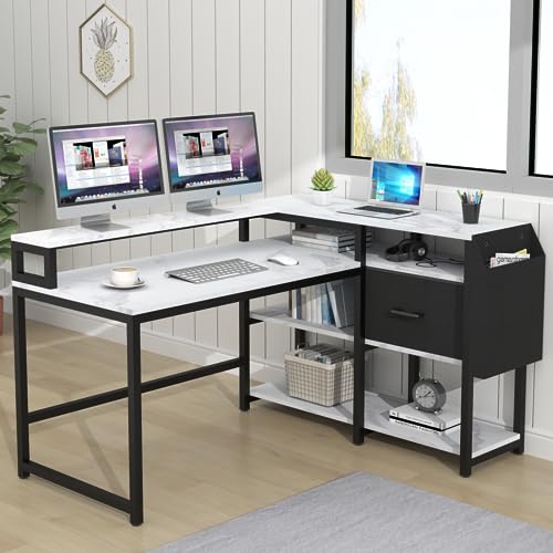 Loomie Reversible L Shaped Computer Desk with Drawer, 55"Wx41"D Industrial Corner Computer Desk with 4 Tier Storage Shelves&Monitor Stand and Storage Bag,Study Table for Home Office, White Faux Marble