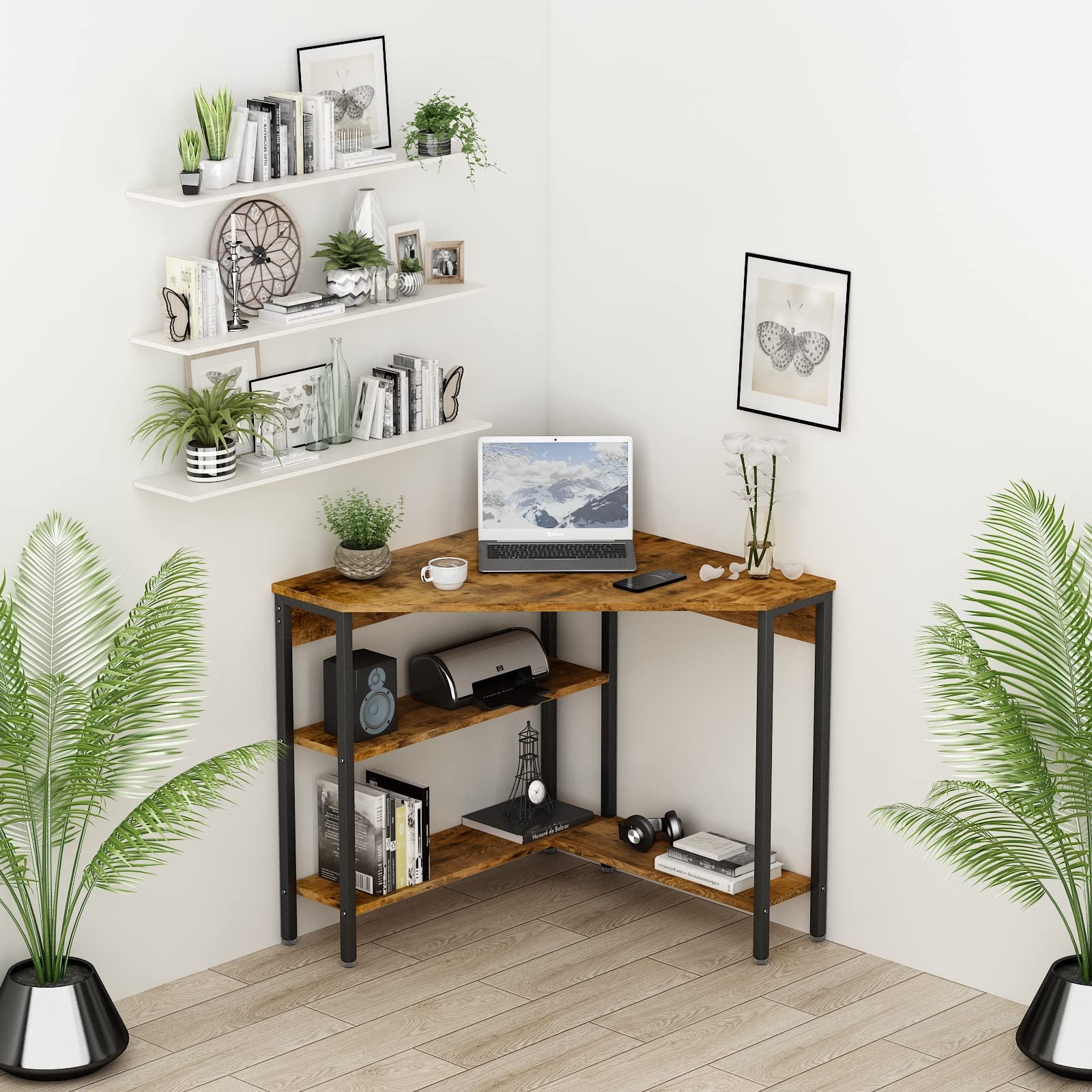 Corner Desk with Outlets & USB Ports, 90 Degree Triangle Corner Table with CPU Stand & Storage Shelves for Small Space, Computer Table with Charging Station for Home Office Bedroom (Rustic)