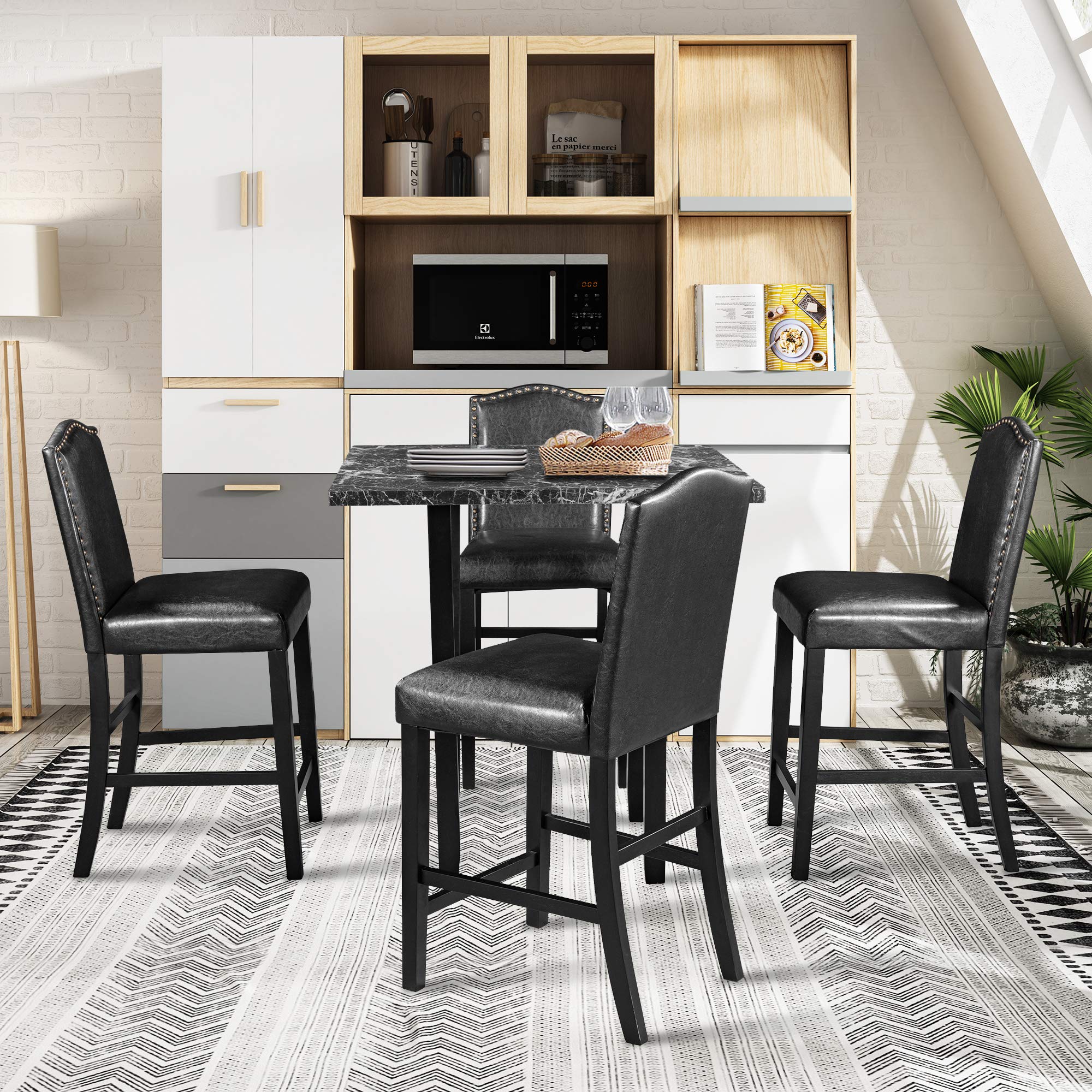 BIADNBZ 5-Piece Dining Table Set with Faux Marble Veneer Square Tabletop w/Bottom Shelf and PU Leather, Modern Wooden Kitchen Furniture, Black Chair+BlackTable