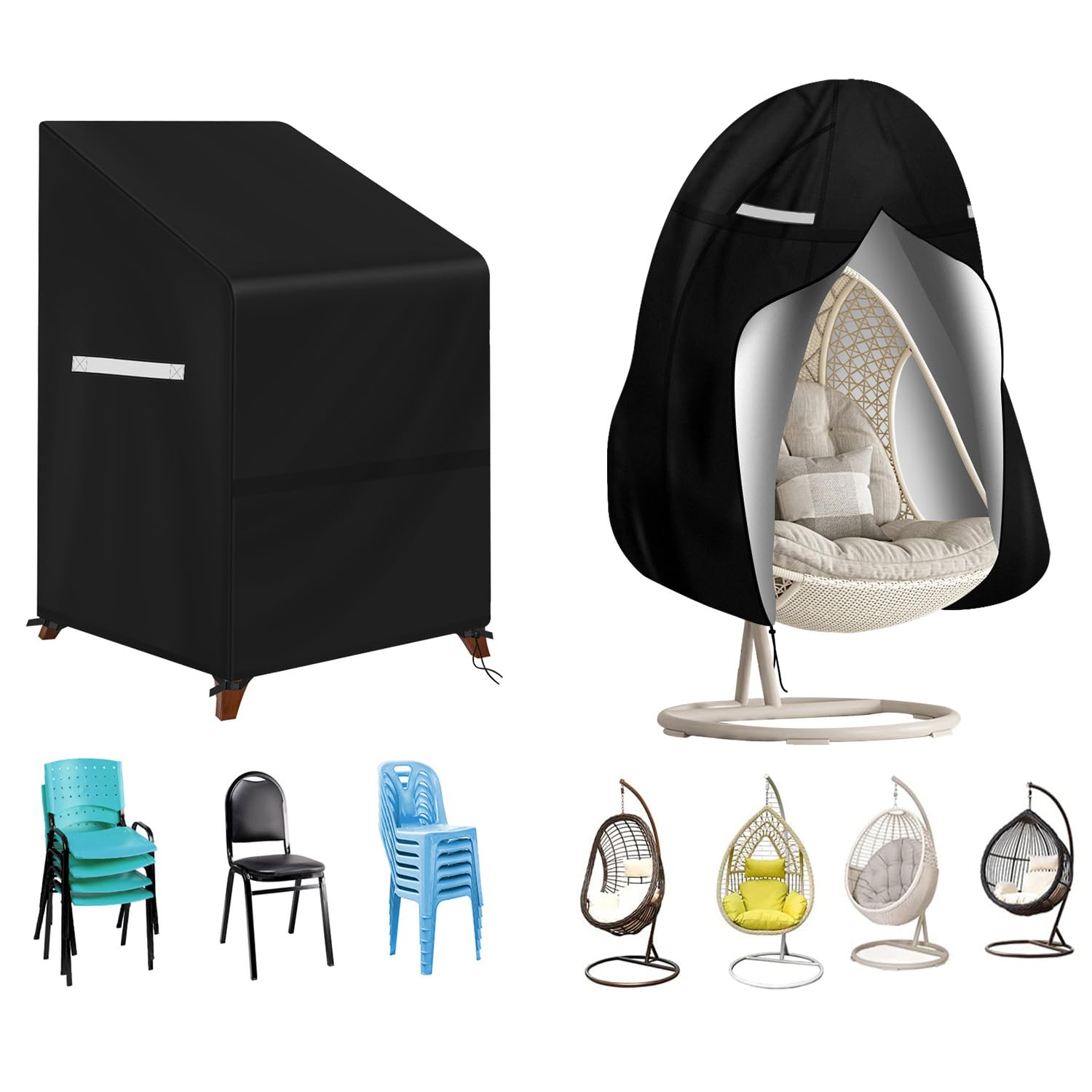 Outdoor Furniture Cover Stacking Chair Cover & Patio Hanging Egg Chair Cover Waterproof, Wind-Proof Swing Egg Chair Cover, Outdoor Furniture Covers for Egg Chair Covers with Storage Bag, Black