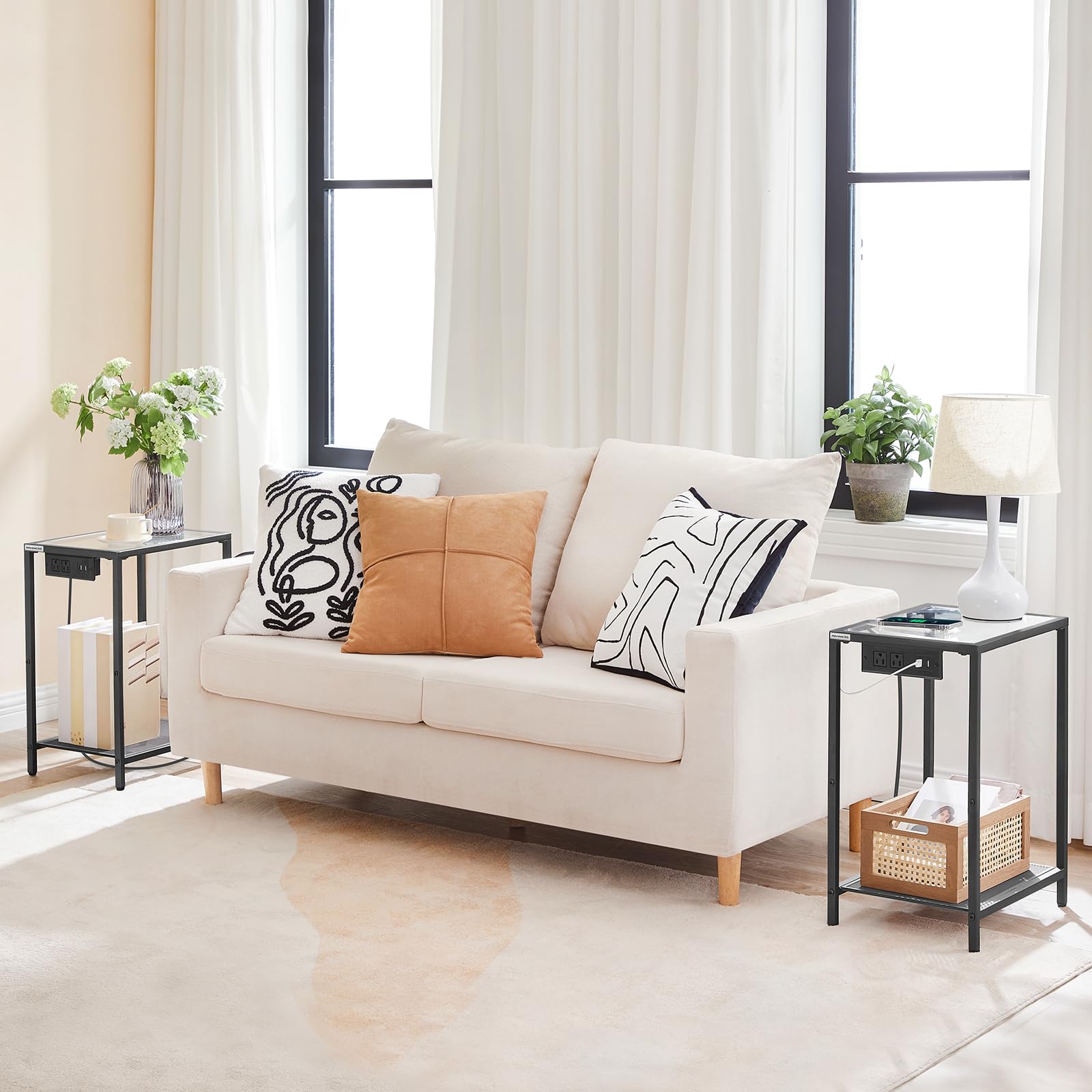 MAHANCRIS End Table with Charging Station and Side Tables with Charging Station bundle,Narrow Side Table for Small Spaces,2-Tier Nightstand with Tempered Glass Top,for Bedroom,Living Room ETWT18E01Z-E