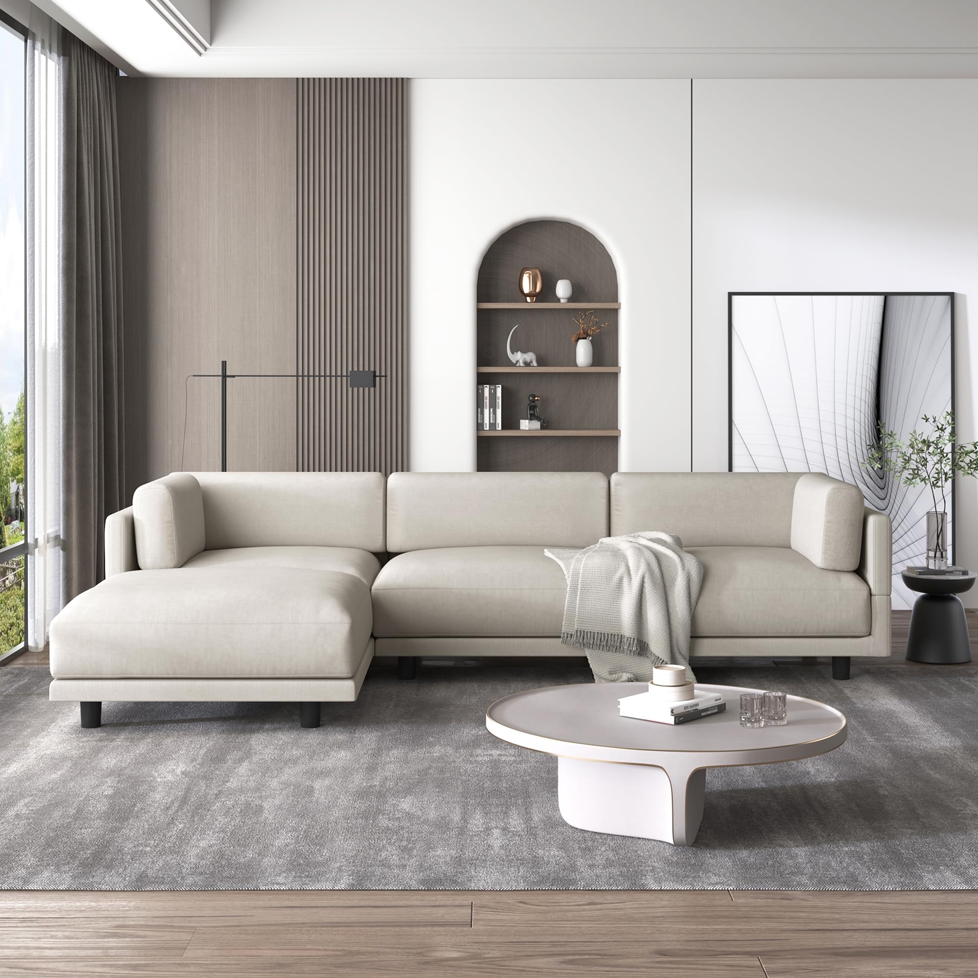 JURMALYN 102" Modern Sectional Sofa Couch with Ottoman for Living Room L Shaped Sofa Couch with Chaise Longue, Convertible Sectional Sofa Upholstered Couch-Beige