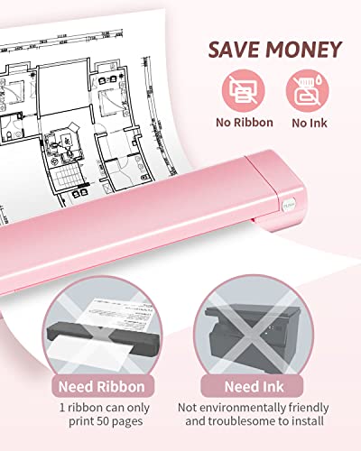 Odaro Pink M08F Letter Portable Printer for Travel with 100 Sheets Continual Thermal Paper 8.5" X 11" Letter Size