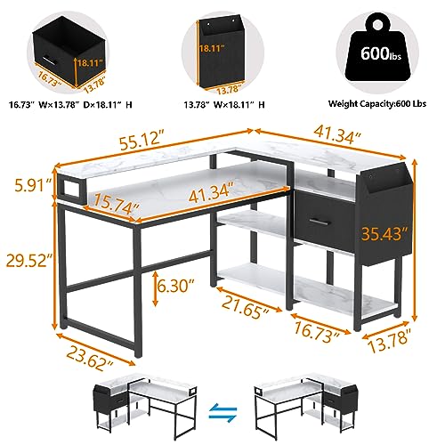 Loomie Reversible L Shaped Computer Desk with Drawer, 55"Wx41"D Industrial Corner Computer Desk with 4 Tier Storage Shelves&Monitor Stand and Storage Bag,Study Table for Home Office, White Faux Marble