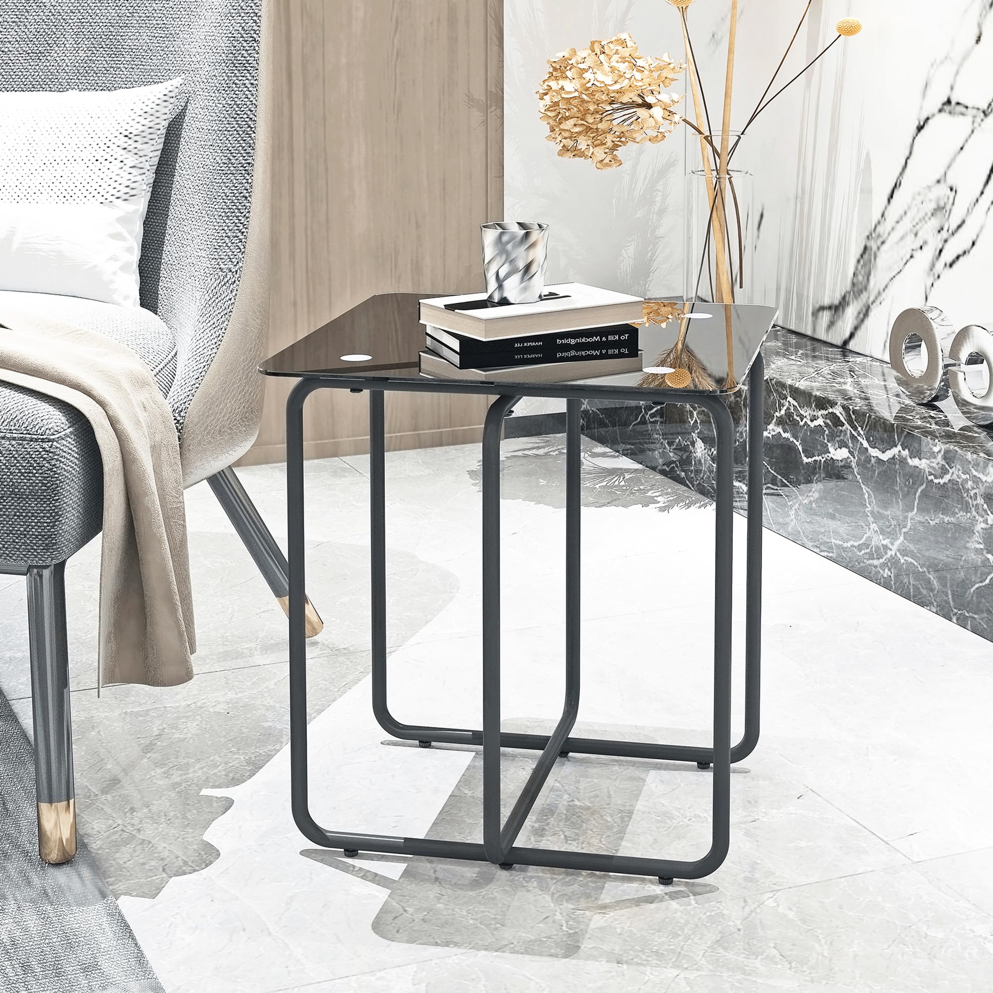 Square Side Table with Tempered Glass Top, Modern End Table with Black Metal Frame, Small Coffee Table Nightstand for Living Room Bedroom. (Black Glass)