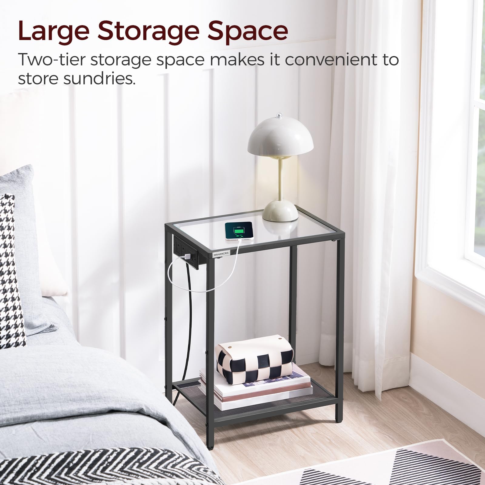 MAHANCRIS End Table with Charging Station and Side Tables with Charging Station bundle,Narrow Side Table for Small Spaces,2-Tier Nightstand with Tempered Glass Top,for Bedroom,Living Room ETWT18E01Z-E