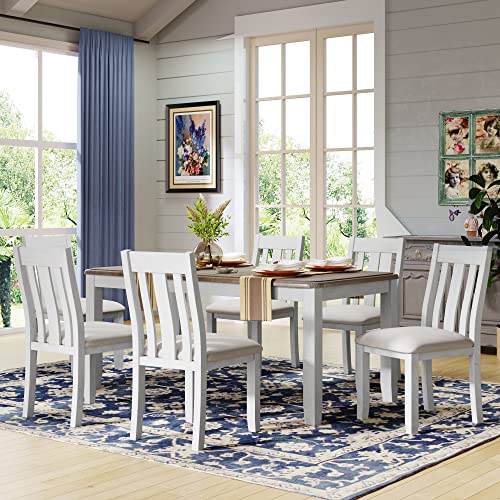 FIQHOME 7-Piece Room, Retro Style Extendable 6 Upholstered, Dining Table and Chairs Set, for Kitchen/Restaurant, Brown+White