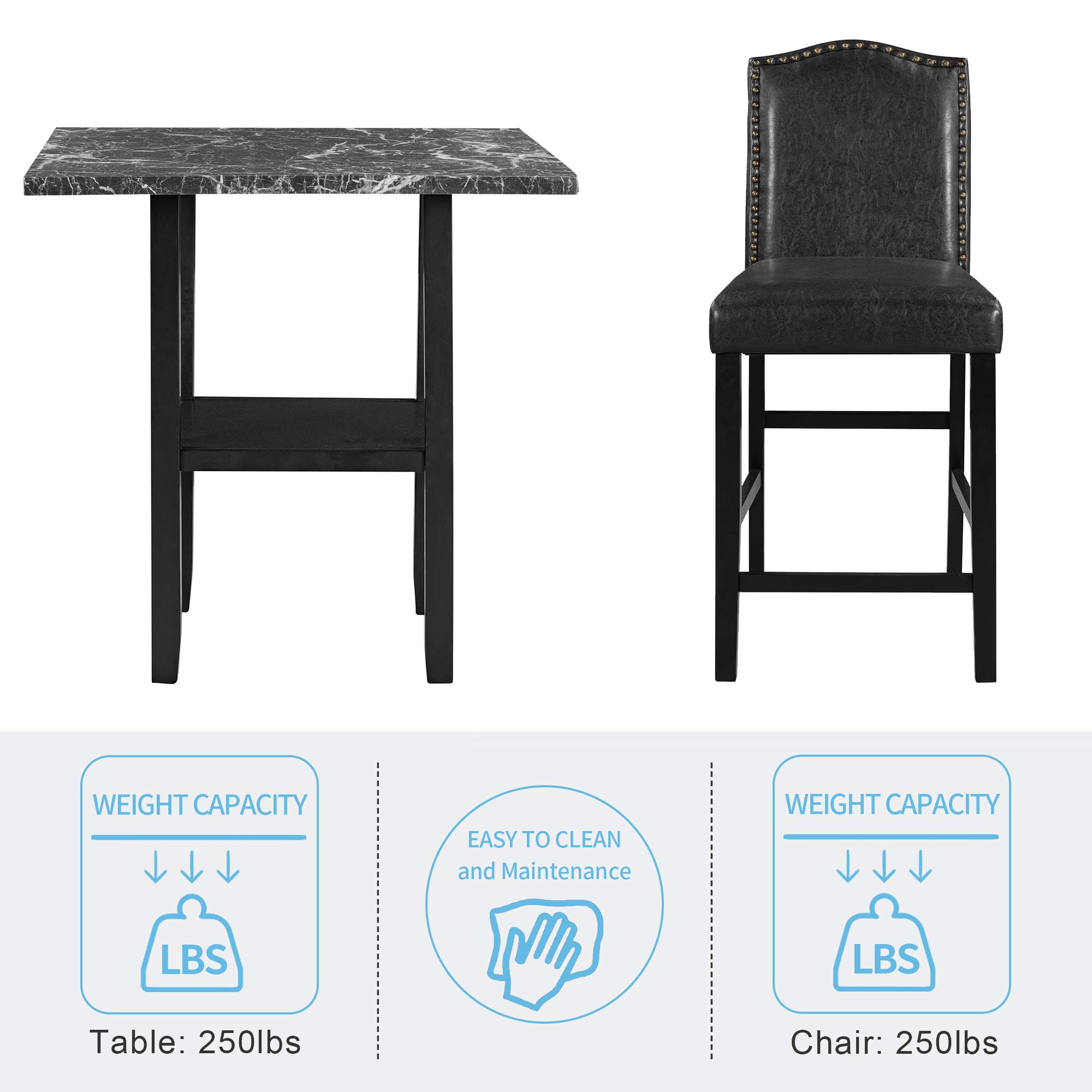 BIADNBZ 5-Piece Dining Table Set with Faux Marble Veneer Square Tabletop w/Bottom Shelf and PU Leather, Modern Wooden Kitchen Furniture, Black Chair+BlackTable