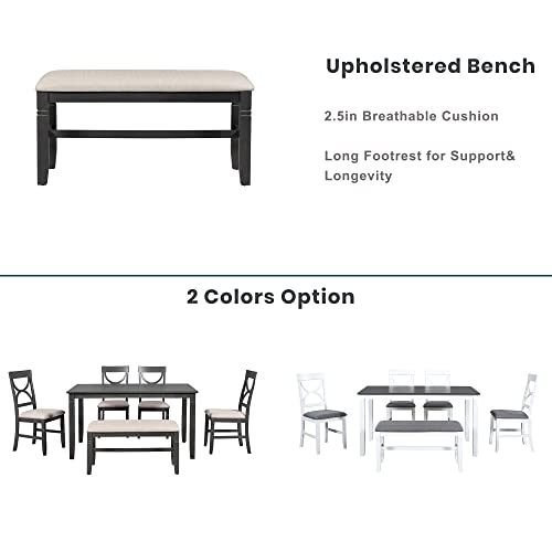 WOZNLA Room 6-Piece Farmhouse Dining Set | Rustic Wood Table with Cushioned Chairs, Bench, and Sturdy Base | Family-Friendly Kitchen Furniture | Comfortable Seating for Memorable Meals, Gray