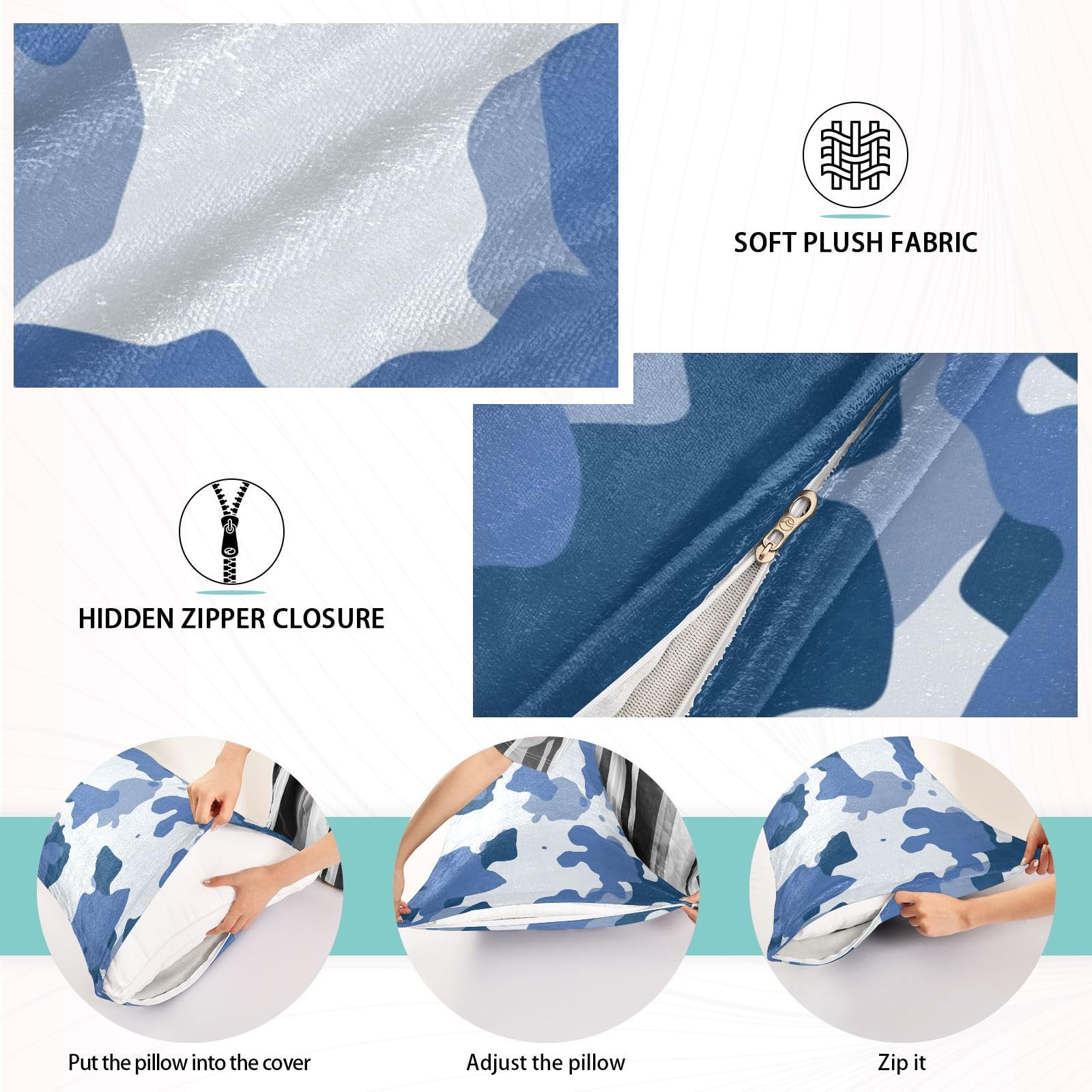 Blue Camo Pillow Cases King Size Soft Cozy Pillowcase with Zipper Skin-Friendly Velvet Pillow Covers for Bedroom Sofa Couch Home Decoration