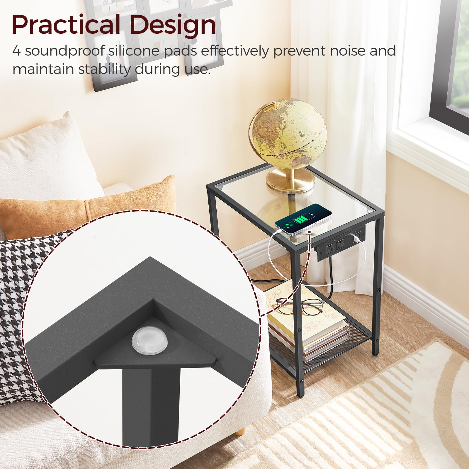 MAHANCRIS End Table with Charging Station and Side Tables with Charging Station bundle,Narrow Side Table for Small Spaces,2-Tier Nightstand with Tempered Glass Top,for Bedroom,Living Room ETWT18E01Z-E