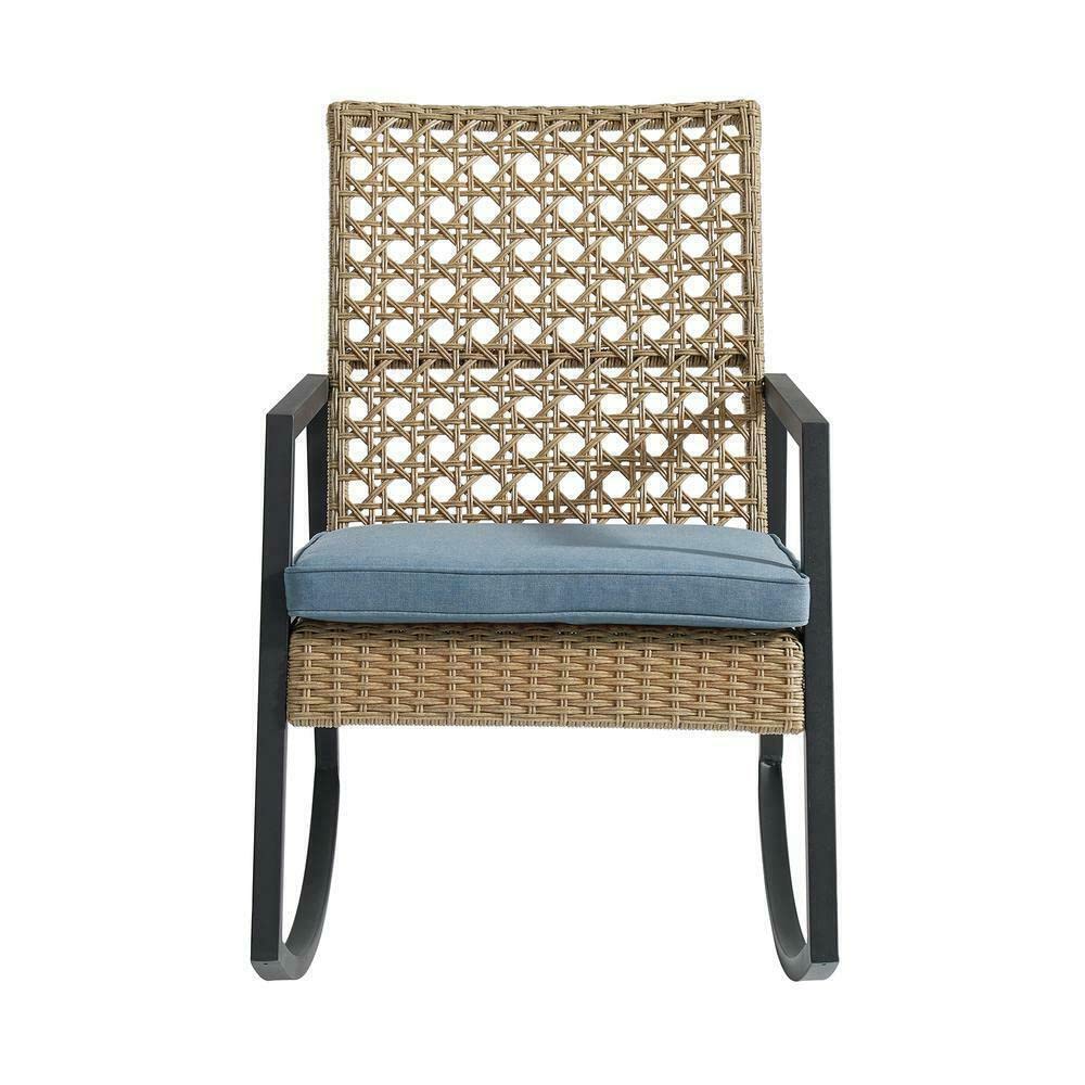 VBSQ Modern Patio Rattan Rocking Chair - Light Brown/Blue Slirr Chair Rocking Chair Rocker Chair Rocker Camp Chair Rocker Recliner Rocking Camp Chair Rocking Chairs Outdoor Rocking Chair