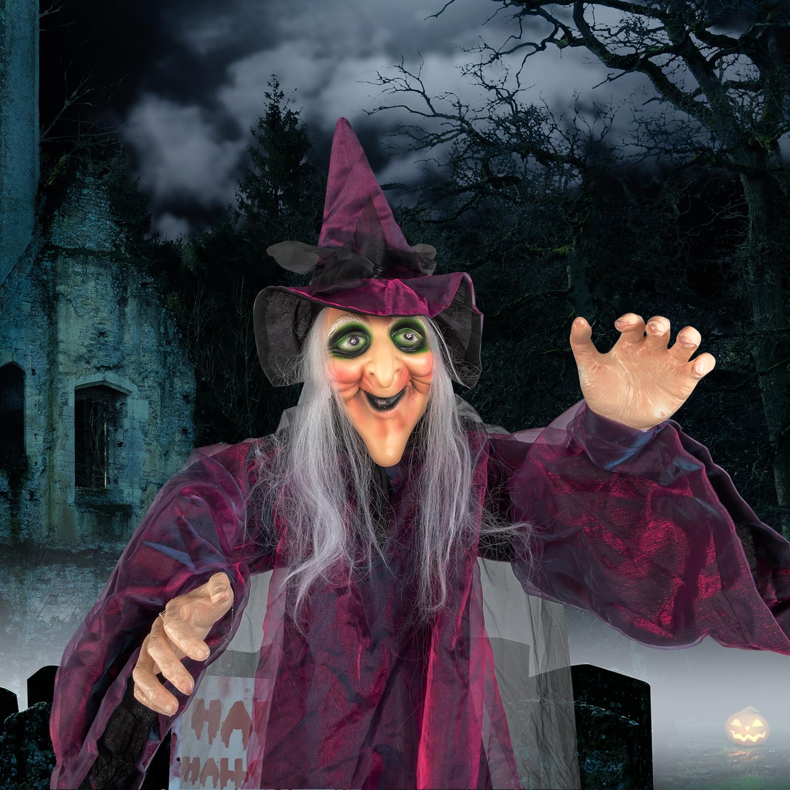 72" Halloween Decorations Outdoor,Hanging Animated Talking Witch Decoration with Light-up Eyes and Sound Activation Function for Halloween Haunted House Prop Everyday Décor Lawn Decor