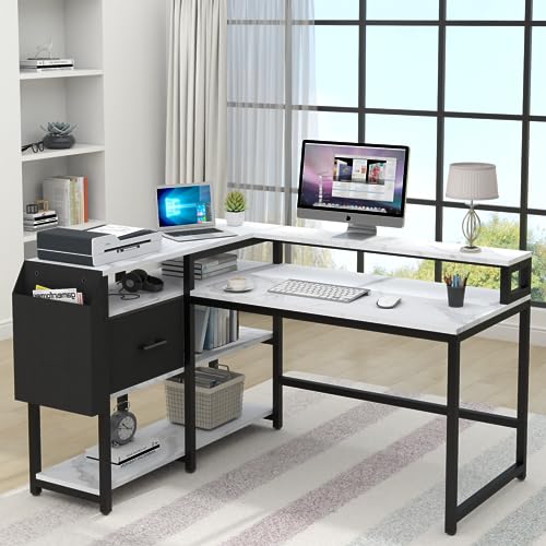 Loomie Reversible L Shaped Computer Desk with Drawer, 55"Wx41"D Industrial Corner Computer Desk with 4 Tier Storage Shelves&Monitor Stand and Storage Bag,Study Table for Home Office, White Faux Marble