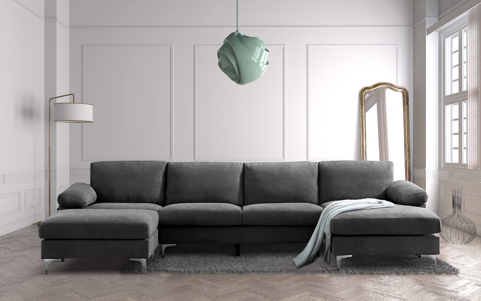 Verfur 5 Seats Convertible Sectional Sofa with Extra Wide Reversible Chaise and Movable Ottoman, U Shaped Symmetrical Modular Corner Couch Living Room Furniture Sets for Home Office, Dark Grey 128.3"