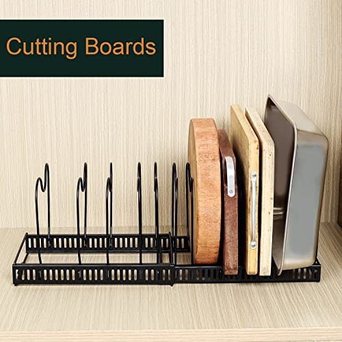 Mlesi Expandable Pot and Pan Organizer Rack, 12+ Pot Lid Organizer Holder, Bakeware Adjustable Rack, Kitchen Cabinet Organizer for Bakeware Cutting Boards, Black