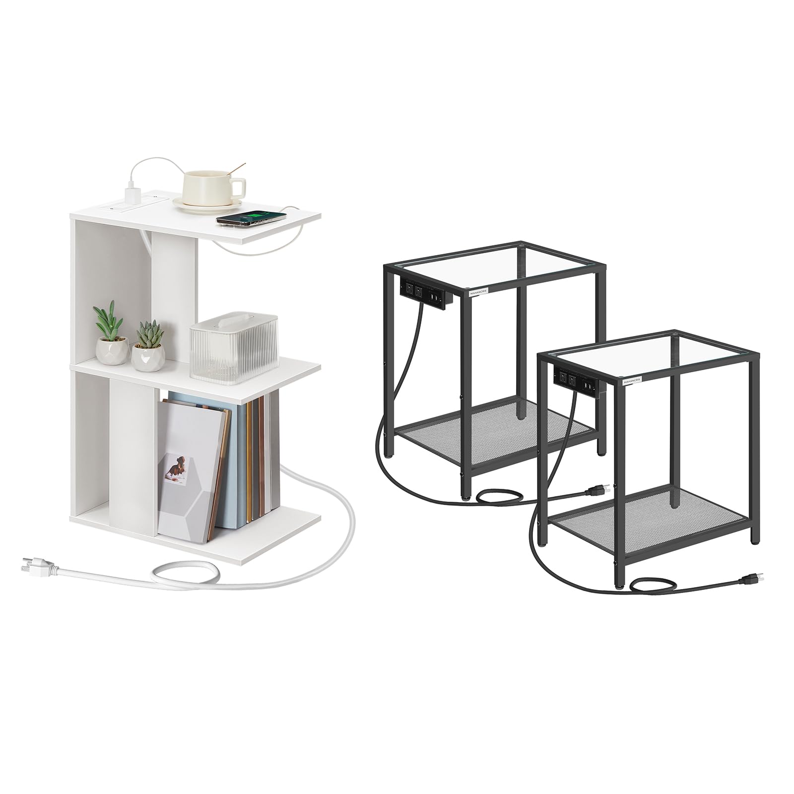MAHANCRIS End Table with Charging Station and Side Tables with Charging Station bundle,Narrow Side Table for Small Spaces,2-Tier Nightstand with Tempered Glass Top,for Bedroom,Living Room ETWT18E01Z-E