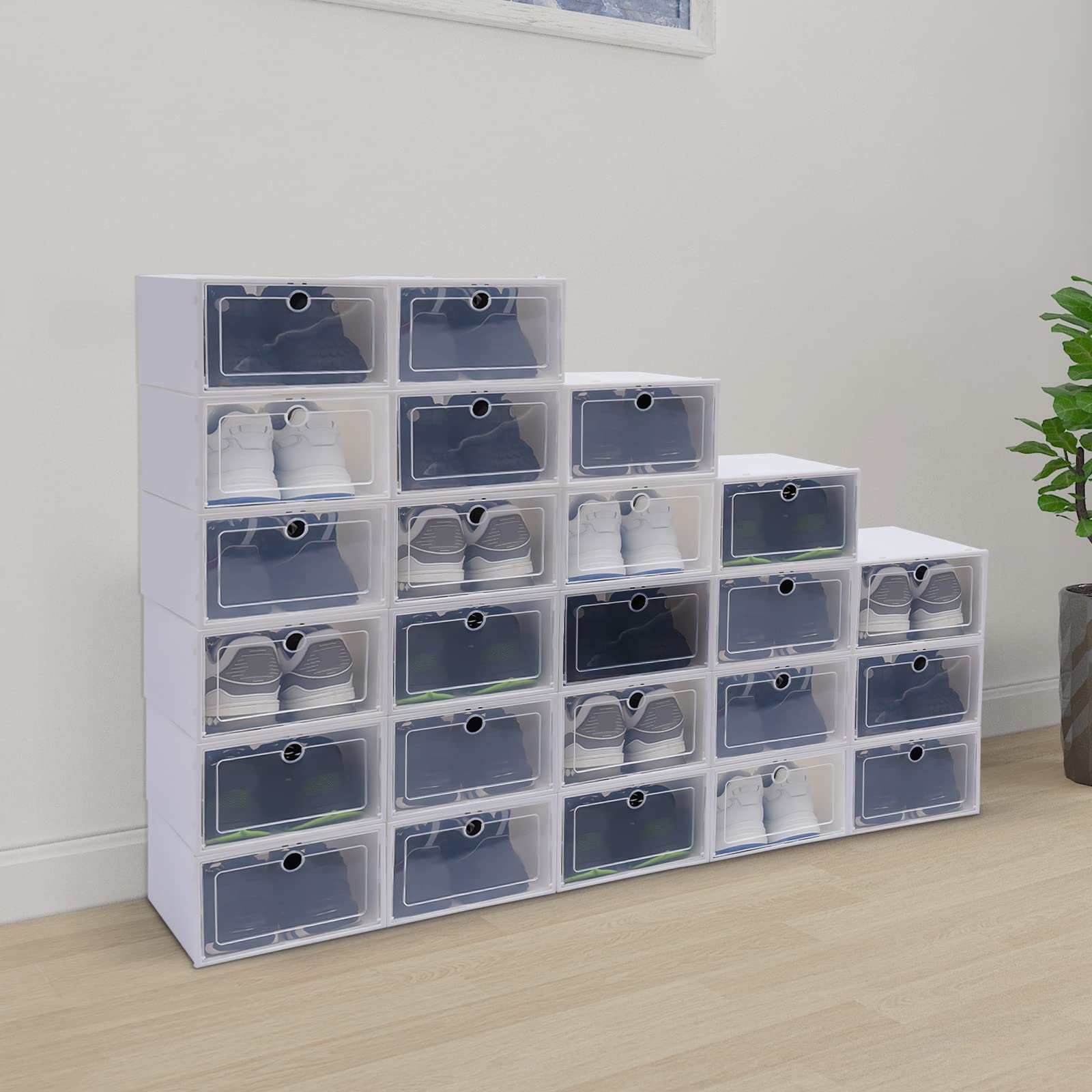 Flhonudi 24 Pack Shoe Storage Boxes Shoe Boxes with Door Shoe Plastic Stackable Shoe Organizer Boxes Multifunctional Sneaker Organizer Drop Front Shoe Box Easy Assembly