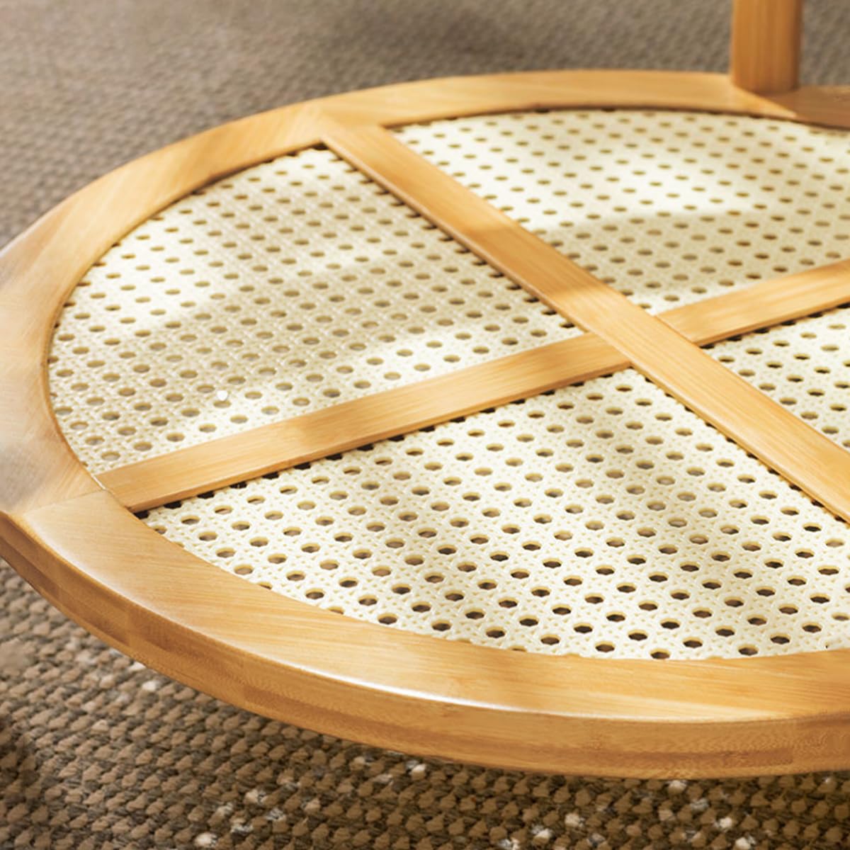 Gdrasuya10 Modern Bamboo Side Table End Table, 2 Tier Round Side Table with Rattan Shelf Glass Tabletop Accent Table Night Stand Bohemia Style for Living Room Balcony (22 inch)