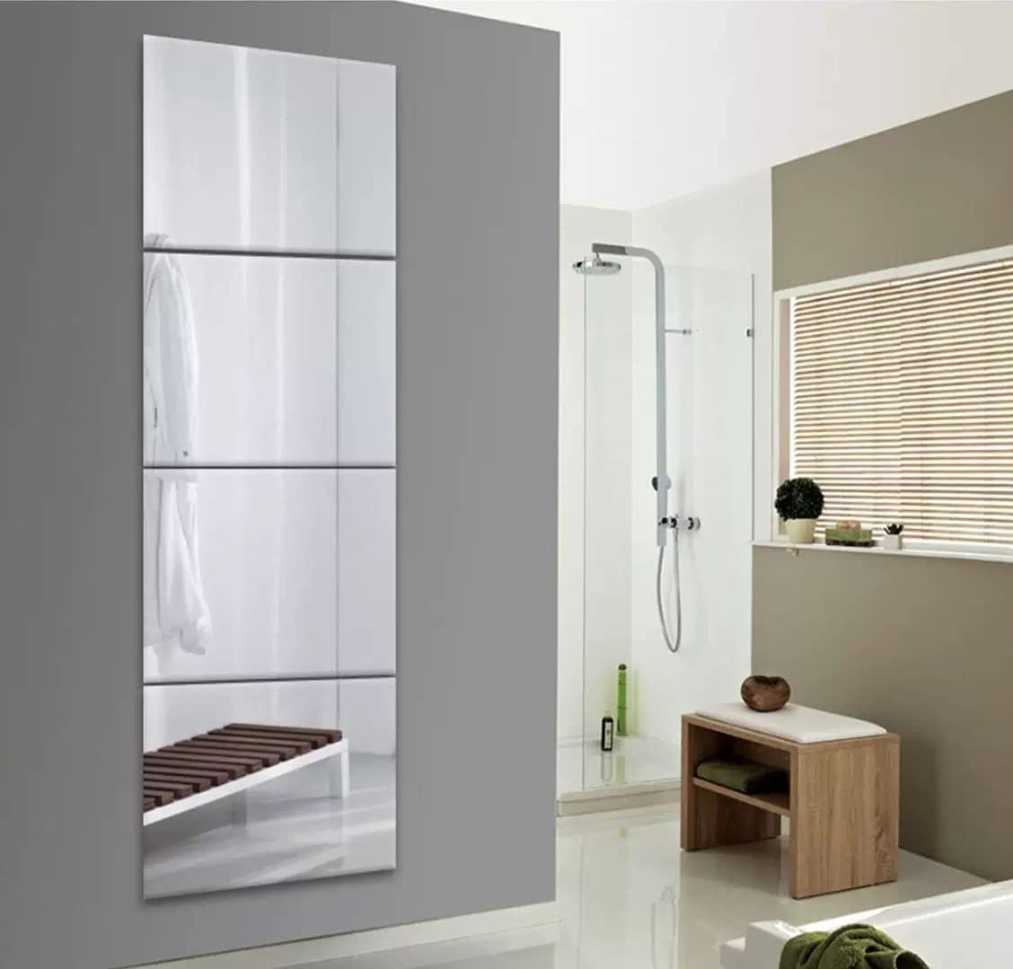 OBIOZZ Bedroom Floor Standing Mirror 11.8 Inch Full Length Mirror with Acrylic 4Pcs Frameless Wall-Mounted Mirror Hanging Door Mirror for Makeup Mirror Vanity Bedroom, Living Room