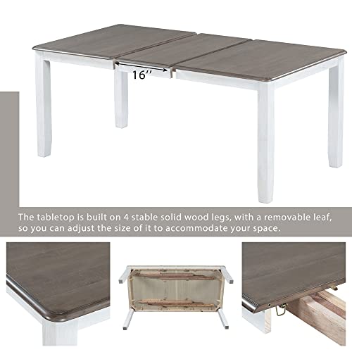 FIQHOME 7-Piece Room, Retro Style Extendable 6 Upholstered, Dining Table and Chairs Set, for Kitchen/Restaurant, Brown+White